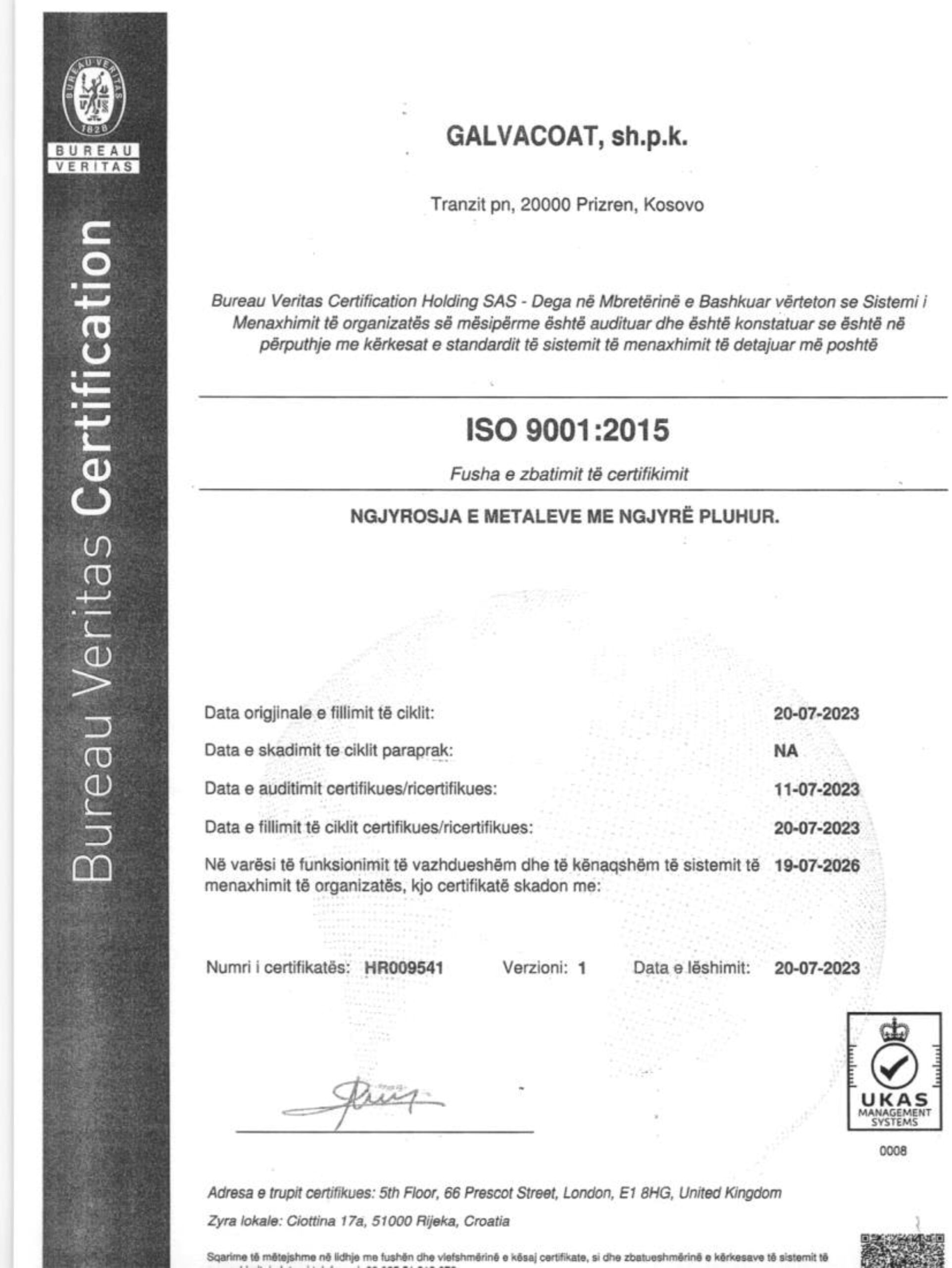 Certifikata – Galvacoat